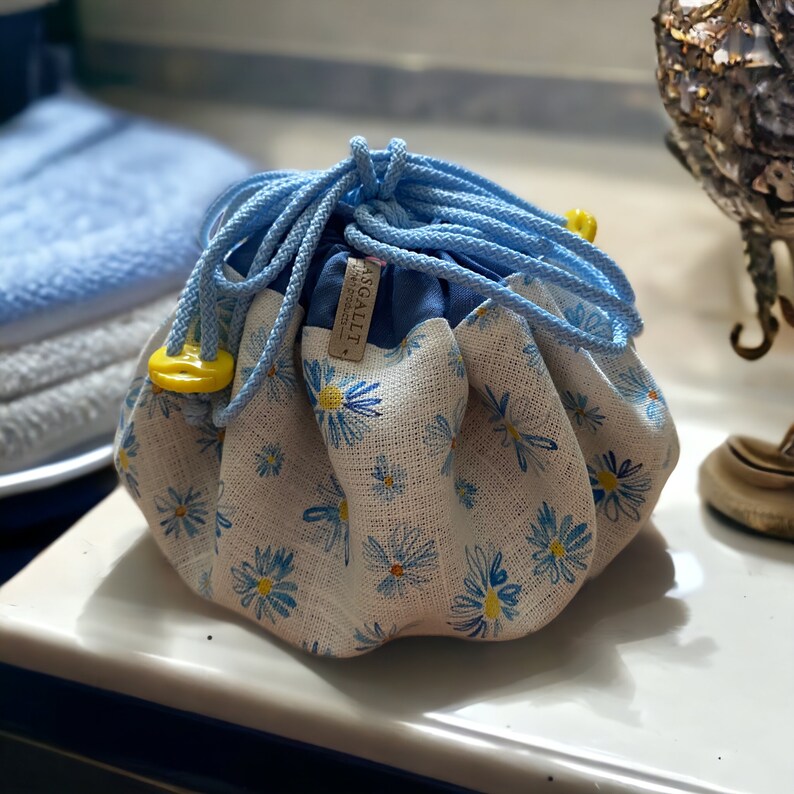 Linen Flat Makeup Bag With Drawstring | Skincare Organizer | Floral ...