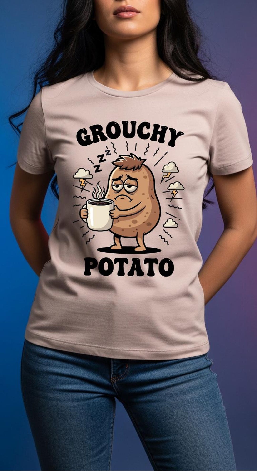 Grouchy Potato Coffee Lover Png, Funny Morning Caffeine Png, Tired Spud ...