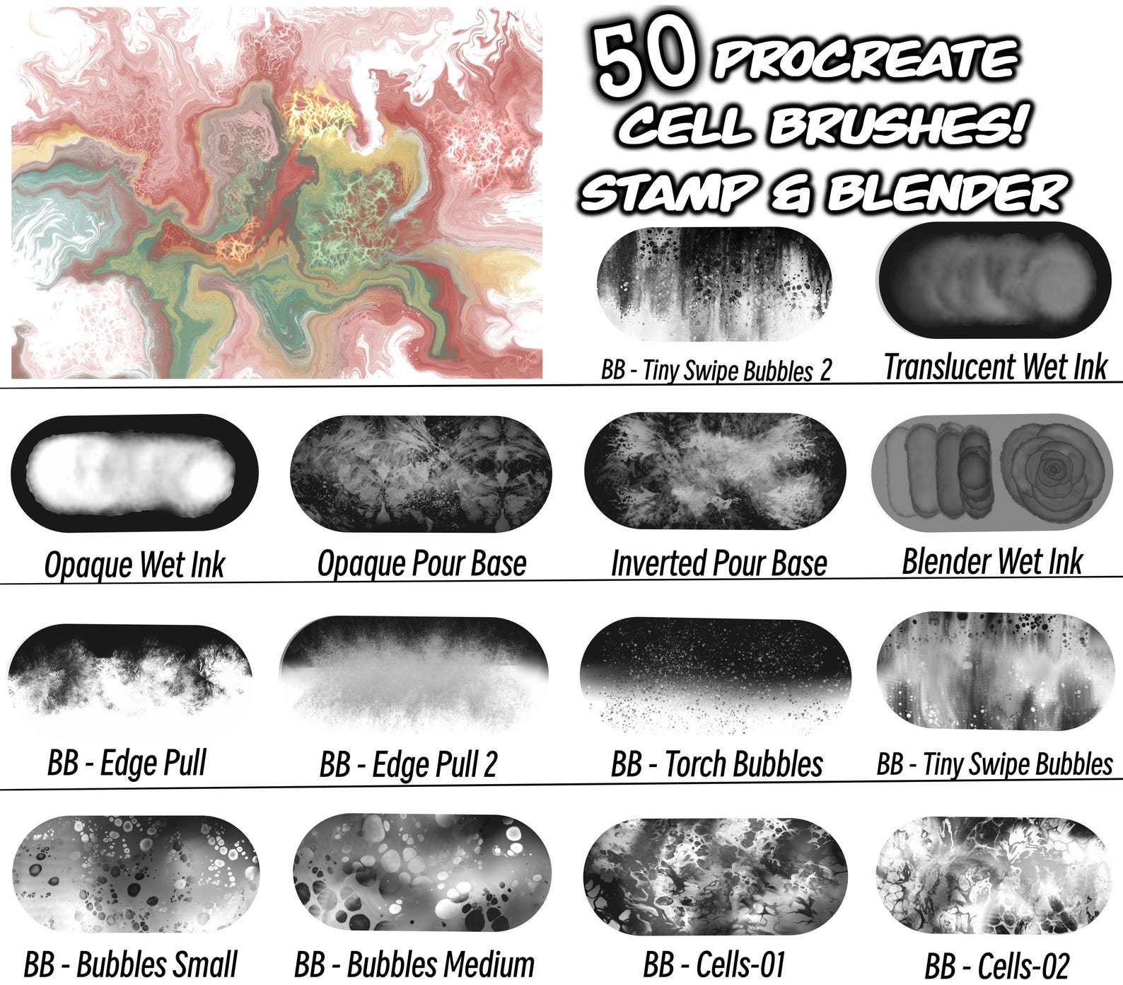 50 Procreate Cell Brushes, Stamp Cell Brushes, Blender Cell Brushes ...