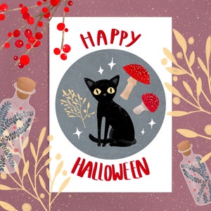Printable Halloween Cards Set, Magic Black Cat, Witch Crystal, Mushroom ...