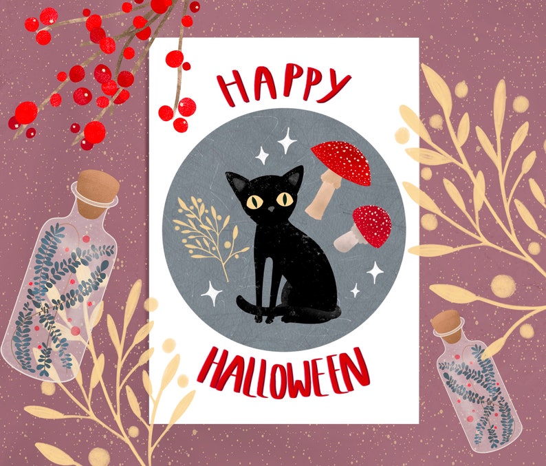 Printable Halloween Cards Set, Magic Black Cat, Witch Crystal, Mushroom ...