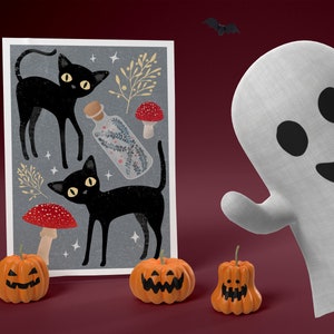 Printable Halloween Cards Set, Magic Black Cat, Witch Crystal, Mushroom ...