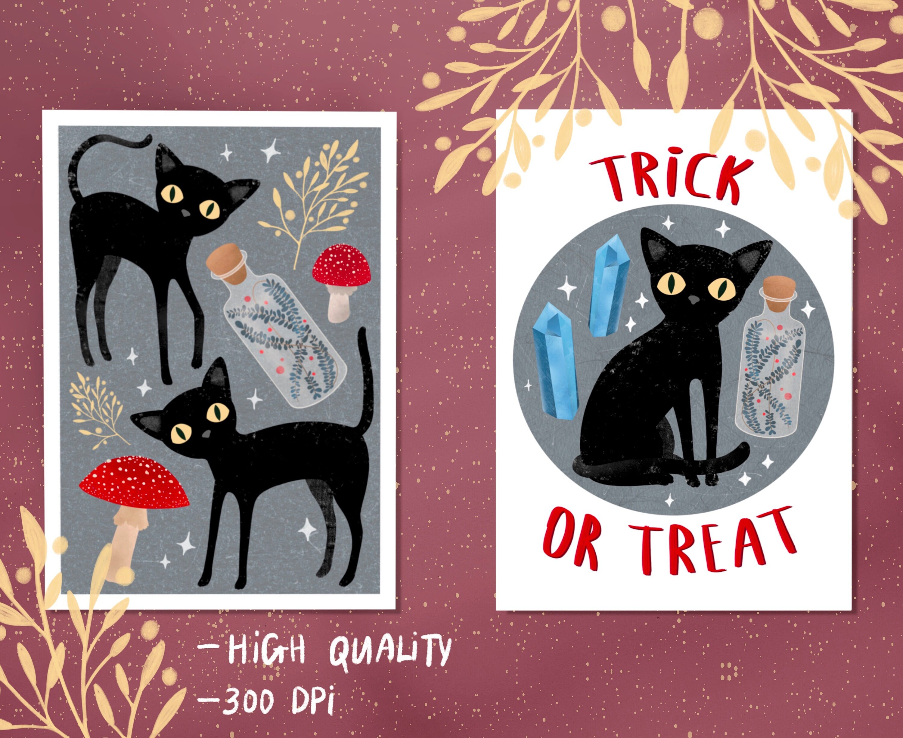 Printable Halloween Cards Set, Magic Black Cat, Witch Crystal, Mushroom ...