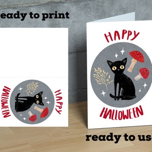 Printable Halloween Cards Set, Magic Black Cat, Witch Crystal, Mushroom ...