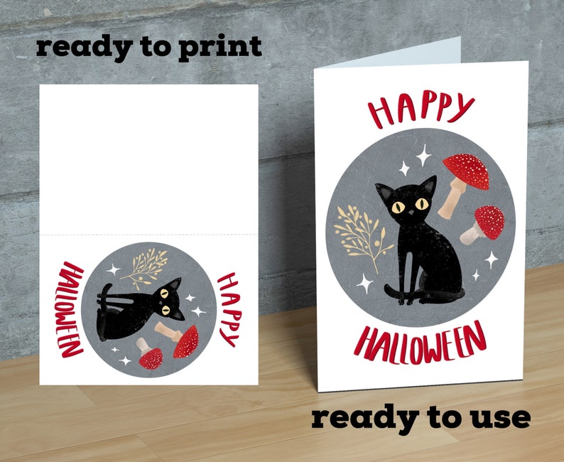 Printable Halloween Cards Set, Magic Black Cat, Witch Crystal, Mushroom ...