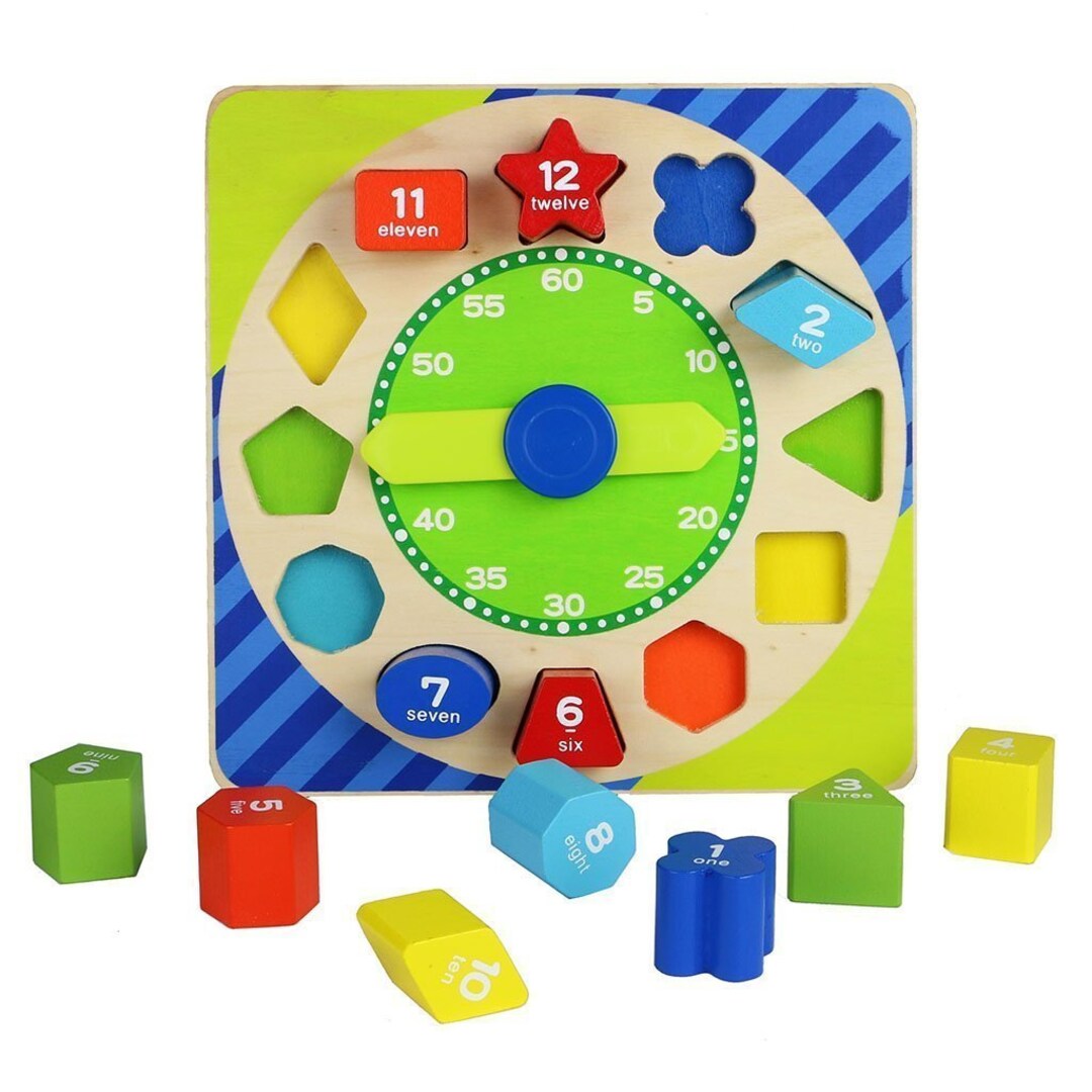 Wooden Shape Sorting Blocks Teaching Clock With Geometry - Etsy