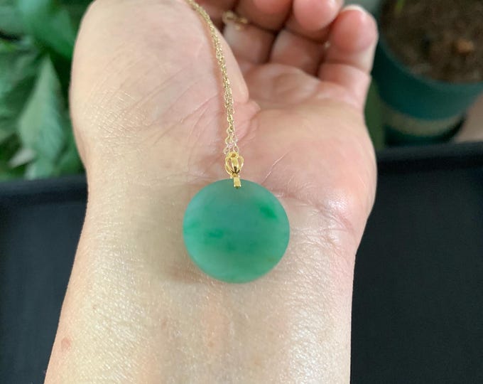 18k Yellow Solid Gold Green Jadeite Jade Wu Shi Pai Circle Luck Pendant ...