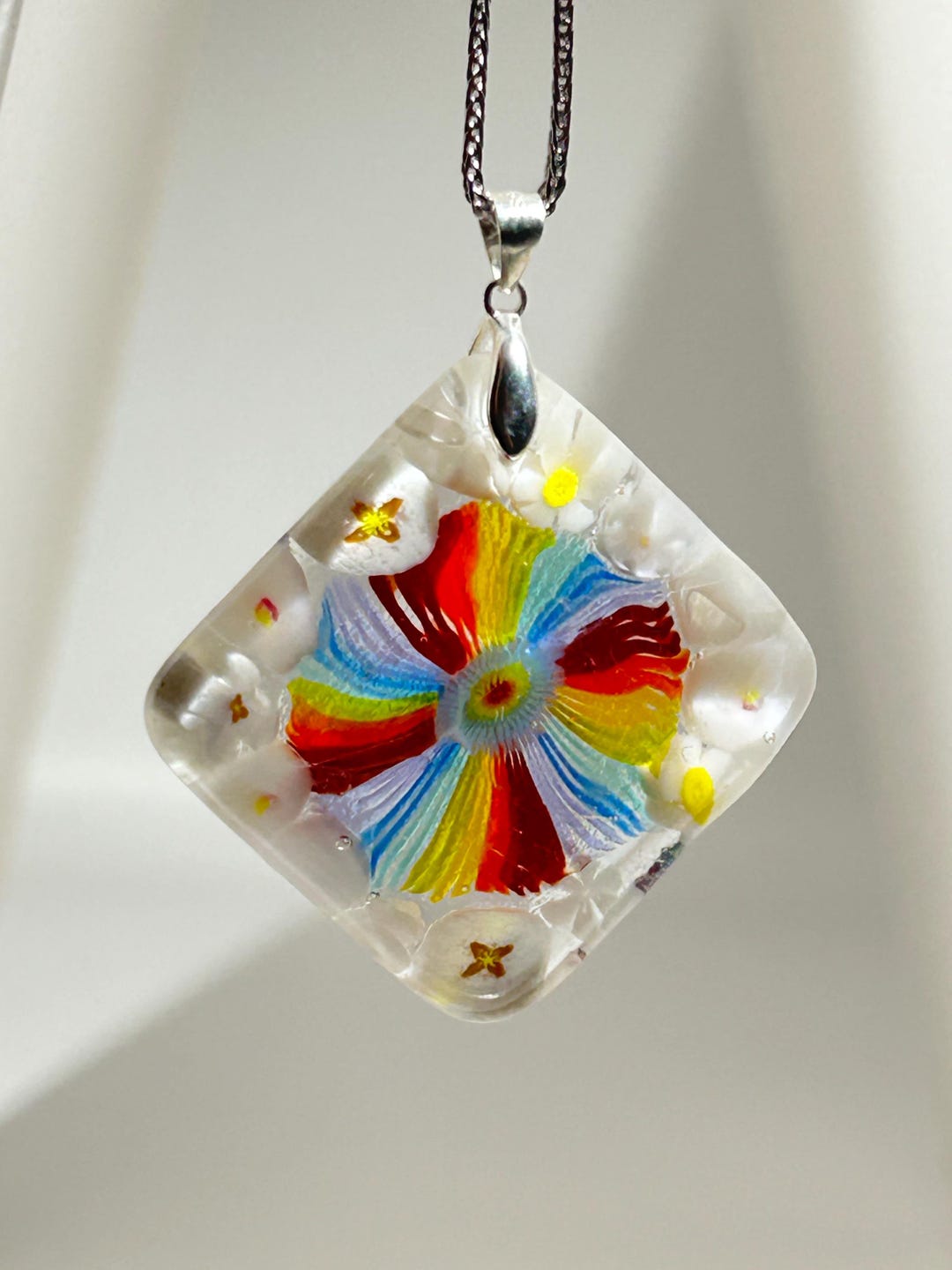 Rainbow Mandala Surround by White Flowers Murrine Fused Glass Pendent ...