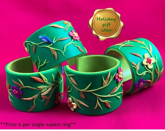 Emerald Green Botanical Bird Napkin Rings, Boho Decor Serviette Holders ...
