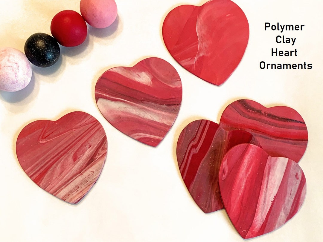 Set of 10 Red and Pink Marbleized Heart Ornaments, Polymer Clay ...