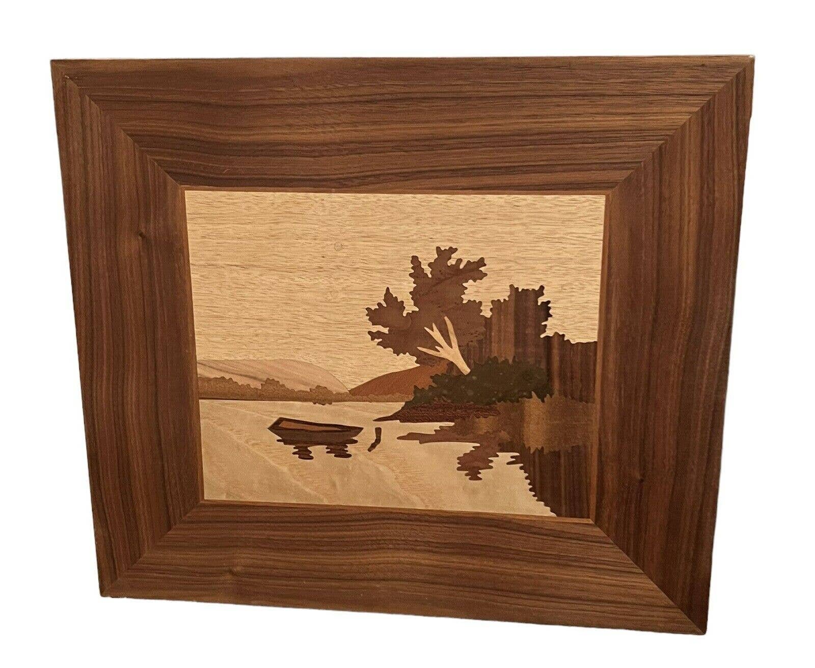 Wood Inlay Picture Marquetry LANDSCAPE Decor Wall Art Boat on Lake ...