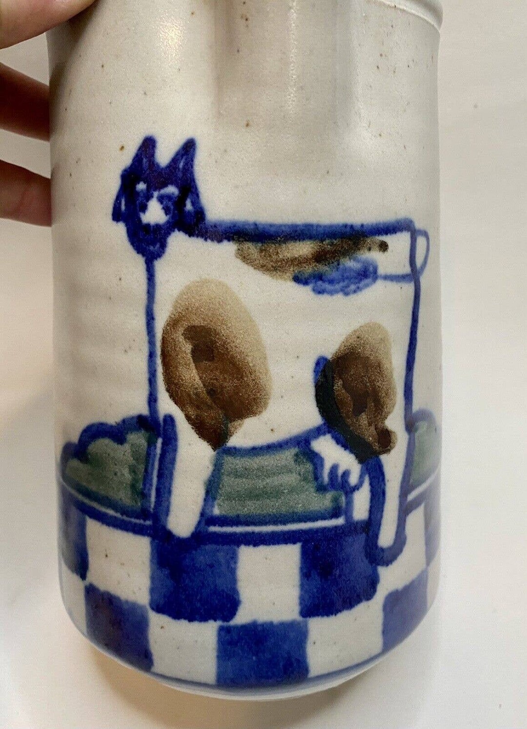DEBBIE DEAN Pottery Pitcher Spotted Cow Blue Checkers Folk Art Ceramic ...