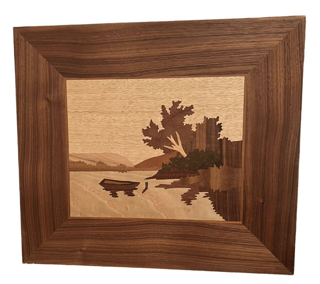 Wood Inlay Picture Marquetry LANDSCAPE Decor Wall Art Boat on Lake ...