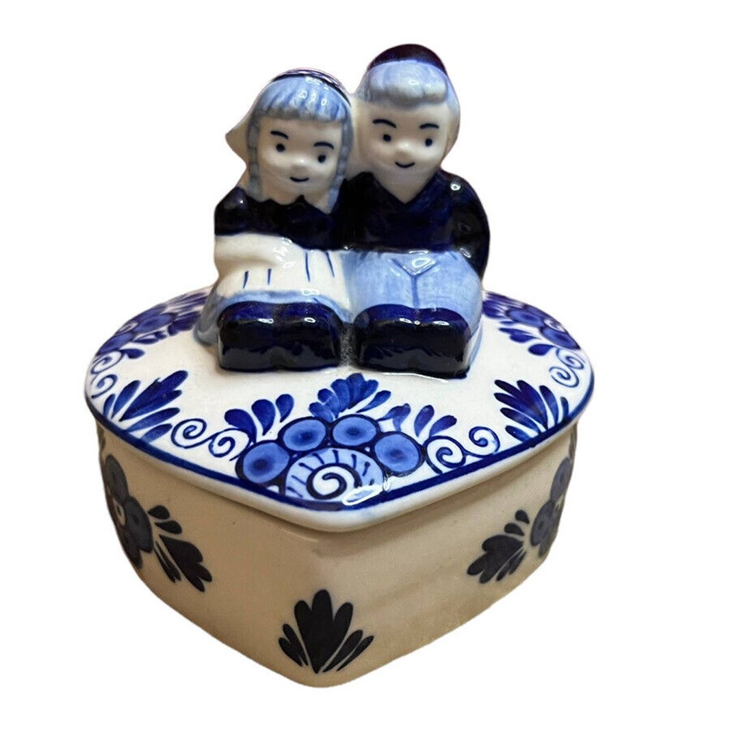 Holland Delft Blue Pottery Heart Shaped Trinket Box 3D Boy Girl Kid ...