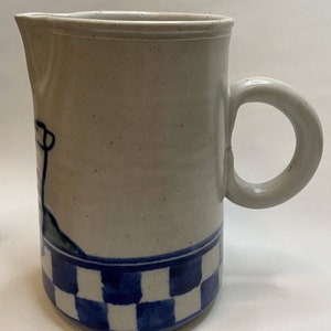 DEBBIE DEAN Pottery Pitcher Spotted Cow Blue Checkers Folk Art Ceramic ...
