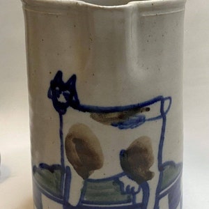DEBBIE DEAN Pottery Pitcher Spotted Cow Blue Checkers Folk Art Ceramic ...