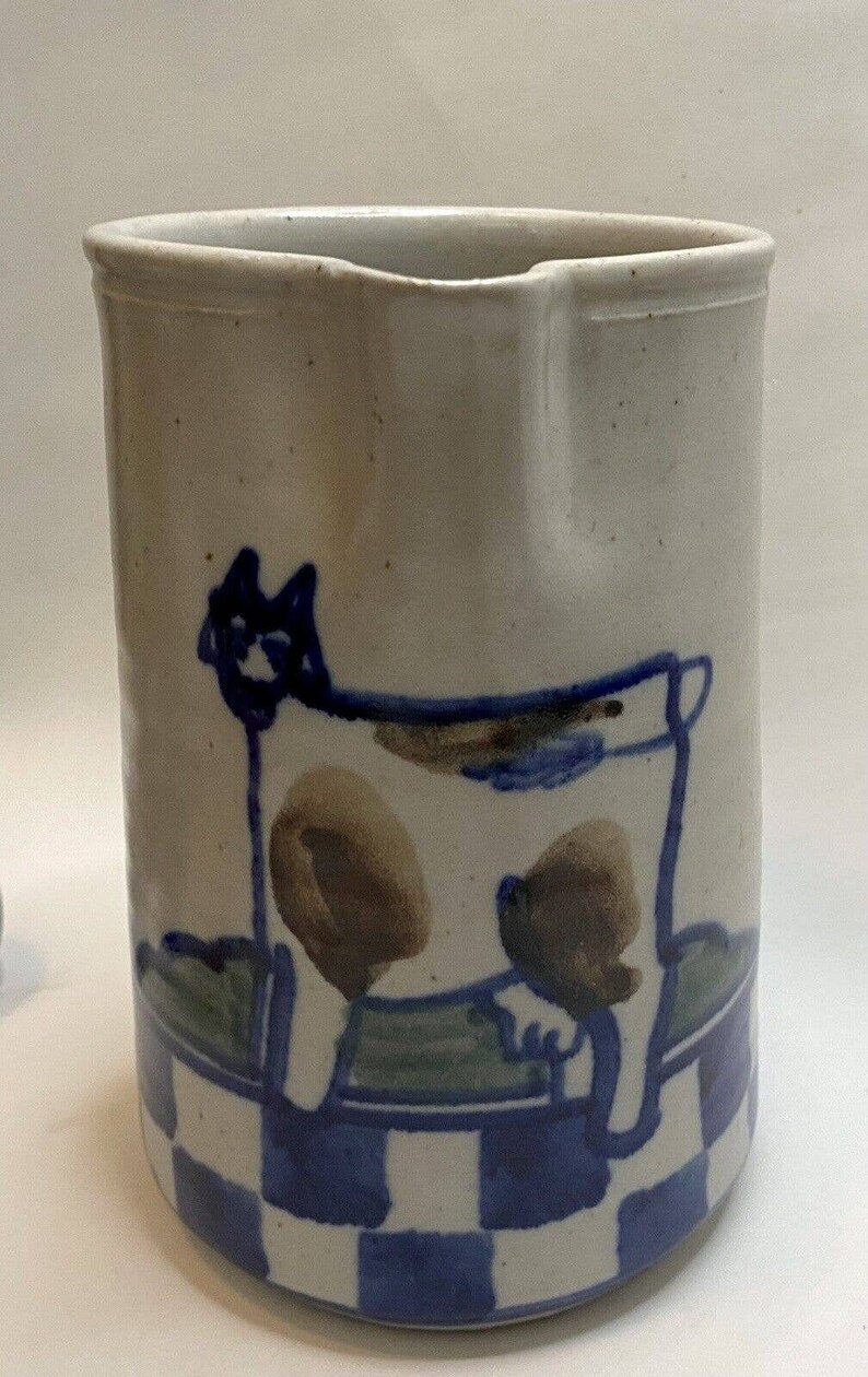 DEBBIE DEAN Pottery Pitcher Spotted Cow Blue Checkers Folk Art - Etsy