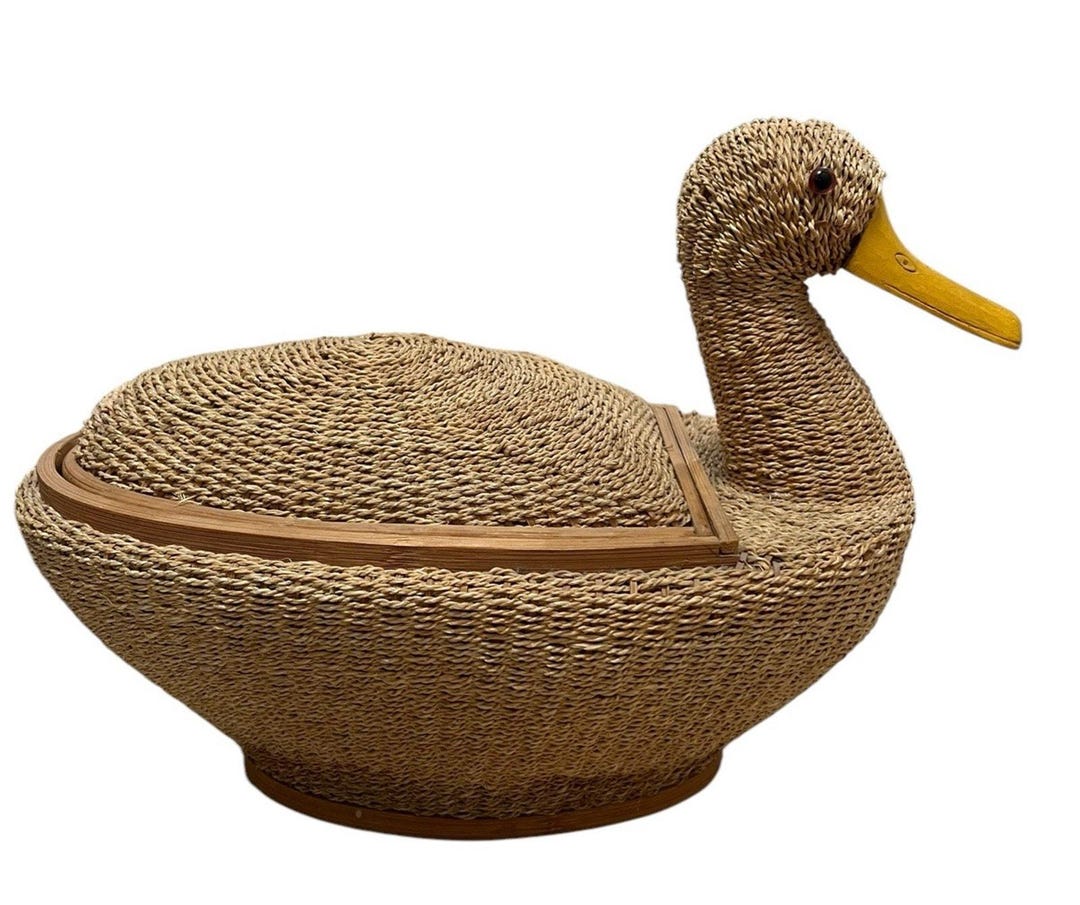 Vintage Bamboo & Wicker Duck Bread Trinket Basket With Lid Shanghai ...