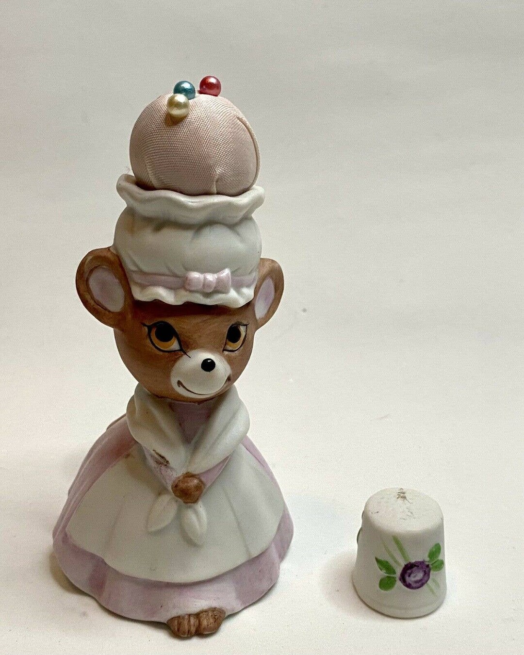 Vintage Lefton Mouse Bisque Ceramic Pin Cushion & Thimble Holder ...