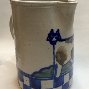 DEBBIE DEAN Pottery Pitcher Spotted Cow Blue Checkers Folk Art Ceramic ...