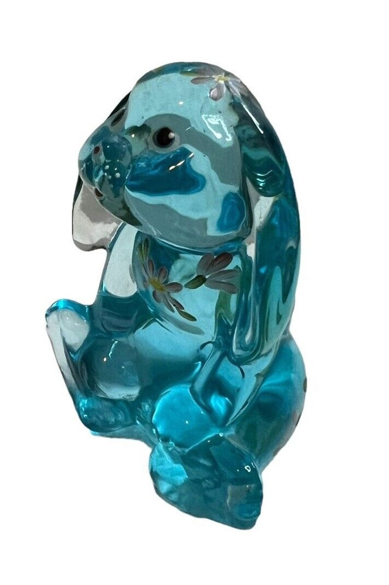 FENTON Art Glass Blue Floppy Ear Bunny Rabbit Hand-painted Flowers ...