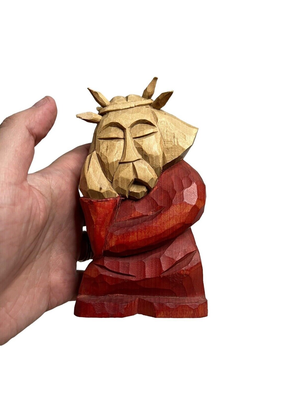 Handmade PENSIVE JESUS CHRIST Handcrafted Wooden Sculpture Carved Crown ...