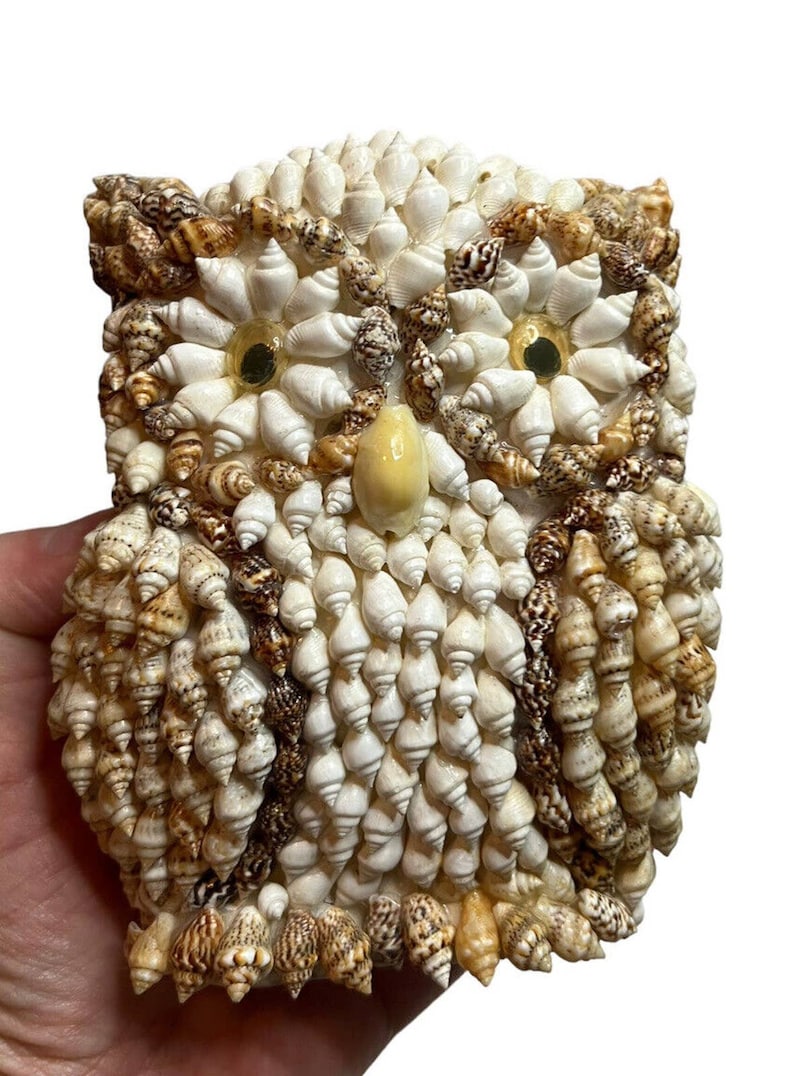Vintage Sea Shell Owl Figurine Folk Art Bird Statue Kitschy Beach Decor ...