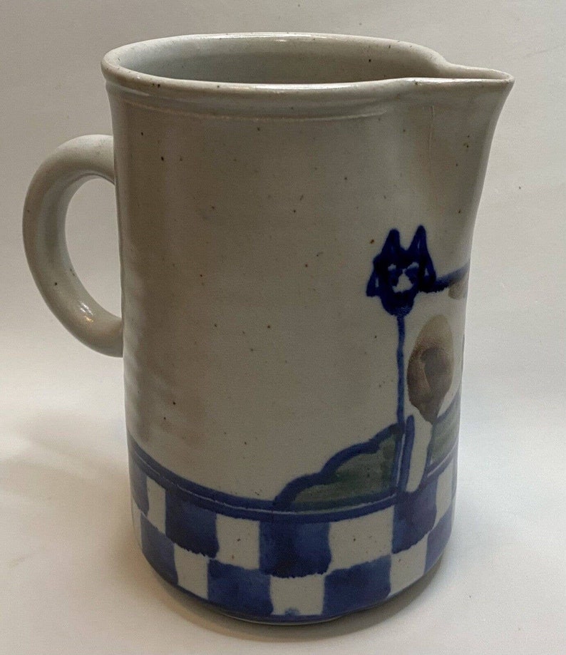 DEBBIE DEAN Pottery Pitcher Spotted Cow Blue Checkers Folk Art - Etsy