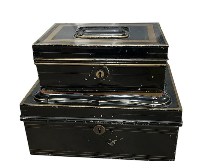 12x6" Vintage Black Metal Box With Red Interior Old Lock Box to Display ...