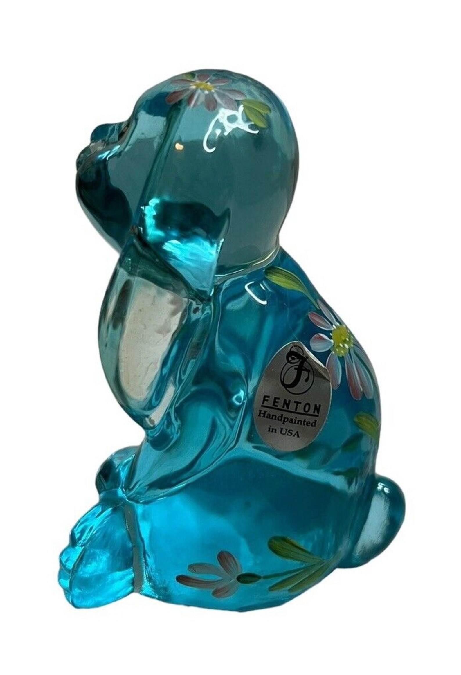 FENTON Art Glass Blue Floppy Ear Bunny Rabbit Hand-painted Flowers ...