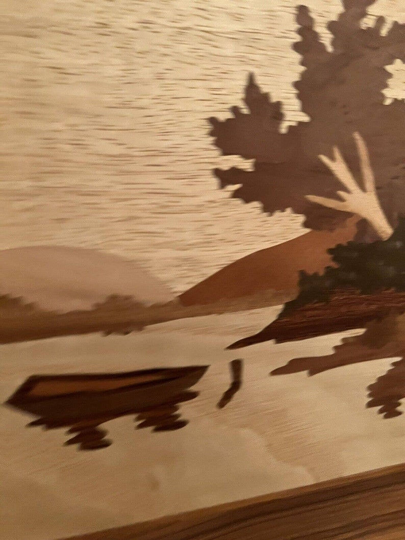 Wood Inlay Picture Marquetry LANDSCAPE Decor Wall Art Boat on Lake ...