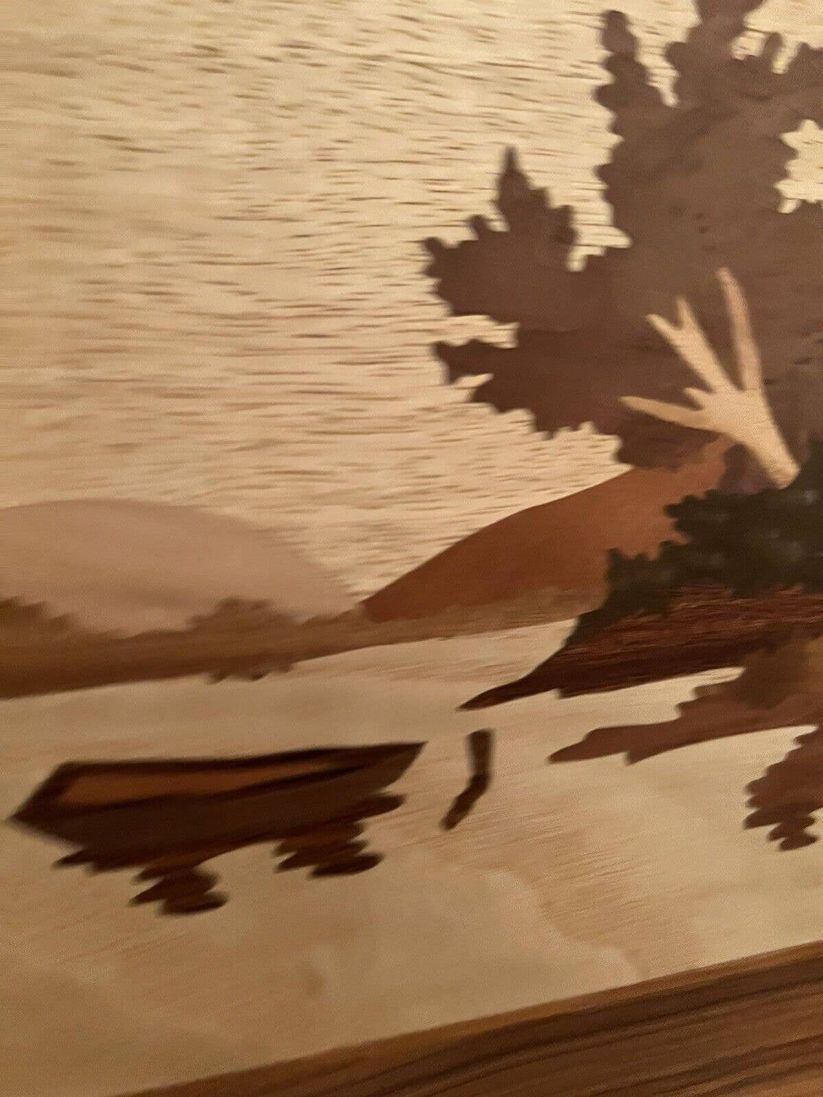 Wood Inlay Picture Marquetry LANDSCAPE Decor Wall Art Boat on Lake ...