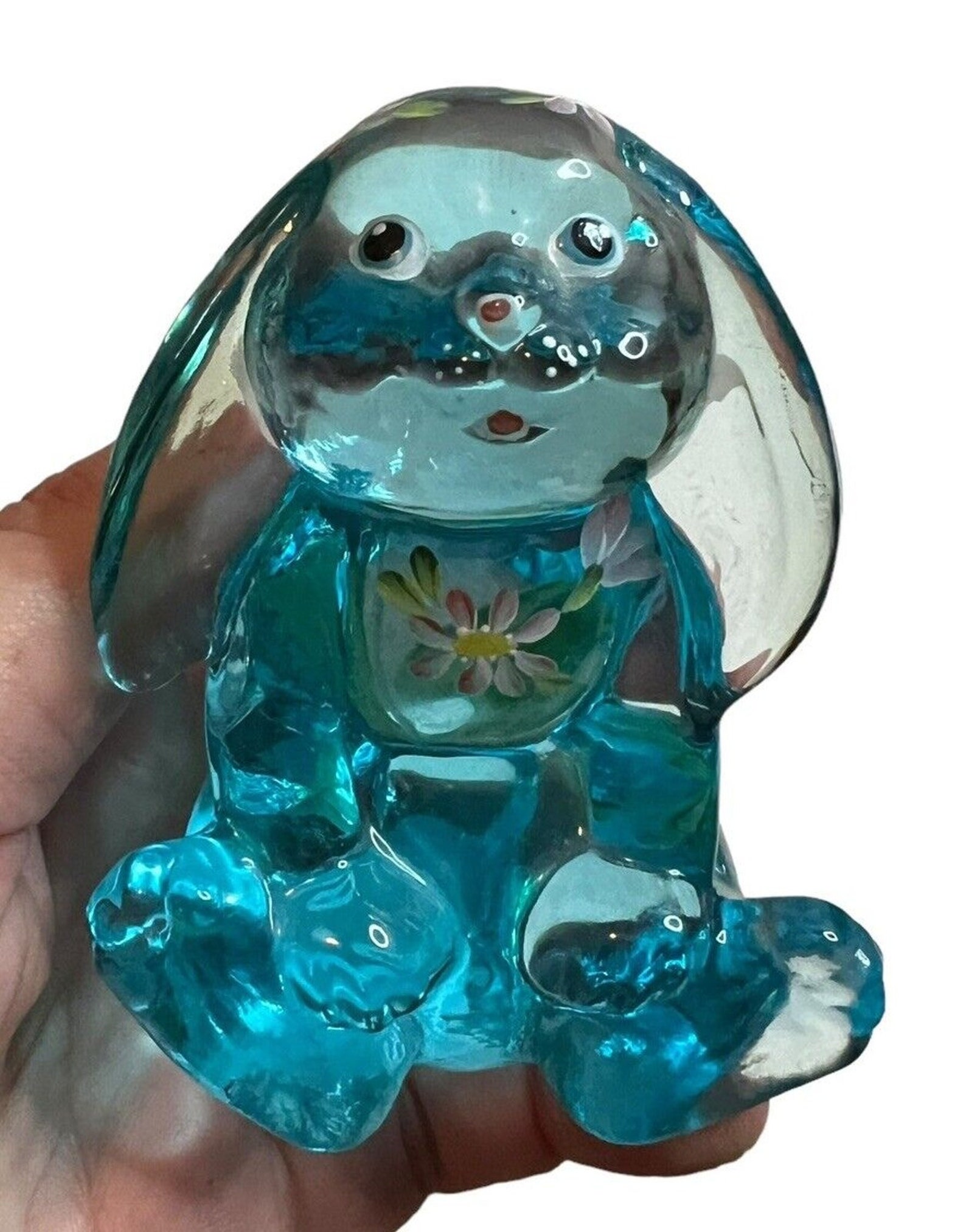 FENTON Art Glass Blue Floppy Ear Bunny Rabbit Hand-painted Flowers ...