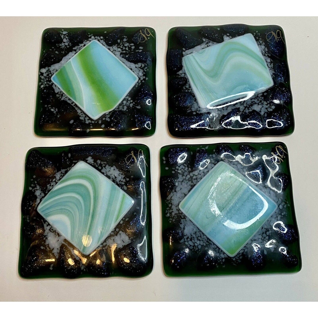 Fused Art Glass Coasters Set of 4 Signed SG Blue Green Abstract ...