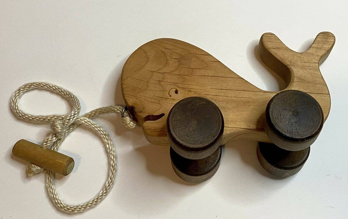 Handmade Whale Wood Pull Toy Wobbly Fun Wheels String Rope Fish Nursery ...