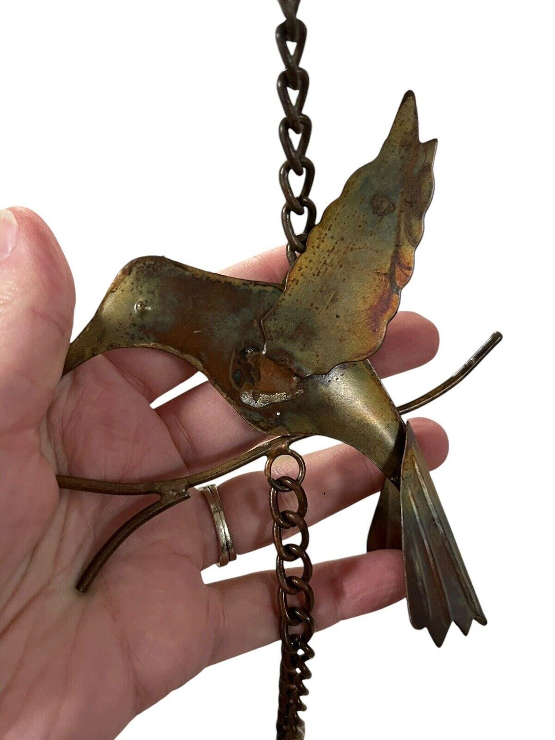 Ancient Graffiti Copper Bell Rain Chain Birds 80” Yard Art Wind Chime ...