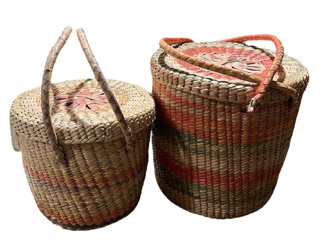 Vintage Seagrass Woven Nesting Basket Boxes Round Lid Market Rattan Set ...