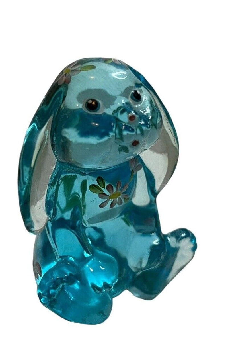 FENTON Art Glass Blue Floppy Ear Bunny Rabbit Hand-painted Flowers ...
