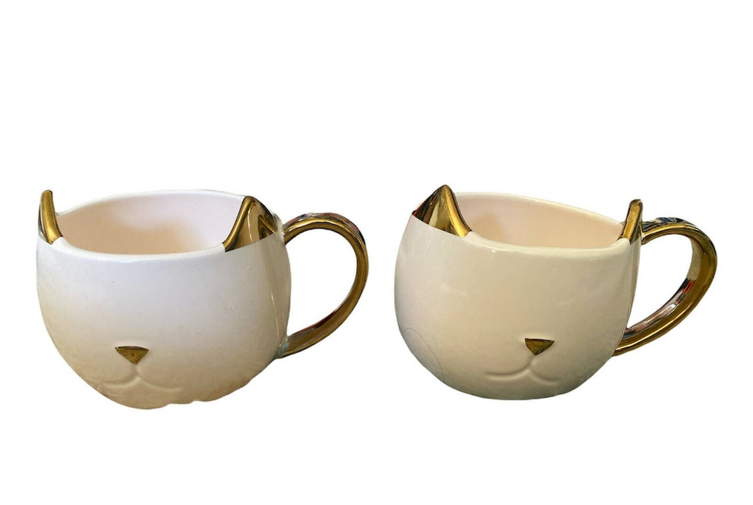 Pair Pinky up Chloe Cat 12oz Coffee Cup Mug Tea Pink Gold Kitty Ears ...