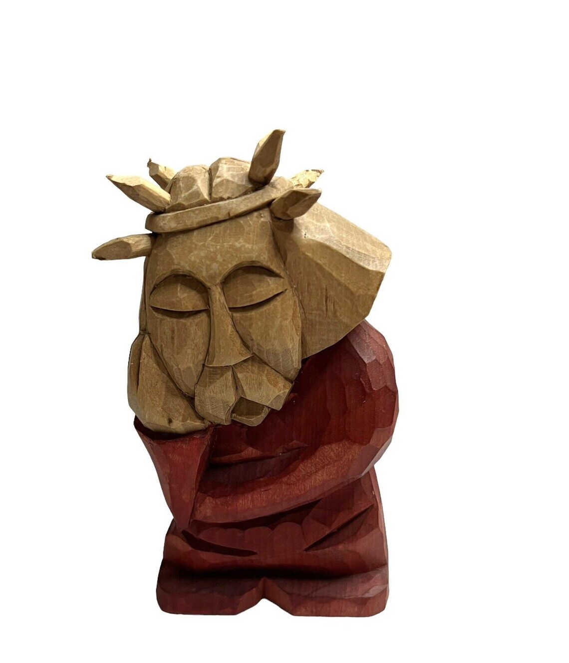 Handmade PENSIVE JESUS CHRIST Handcrafted Wooden Sculpture Carved Crown ...