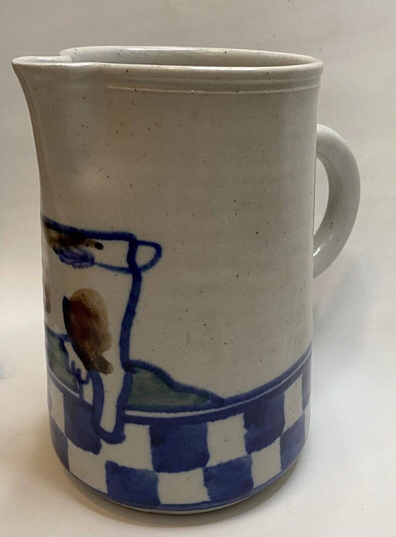 DEBBIE DEAN Pottery Pitcher Spotted Cow Blue Checkers Folk Art - Etsy