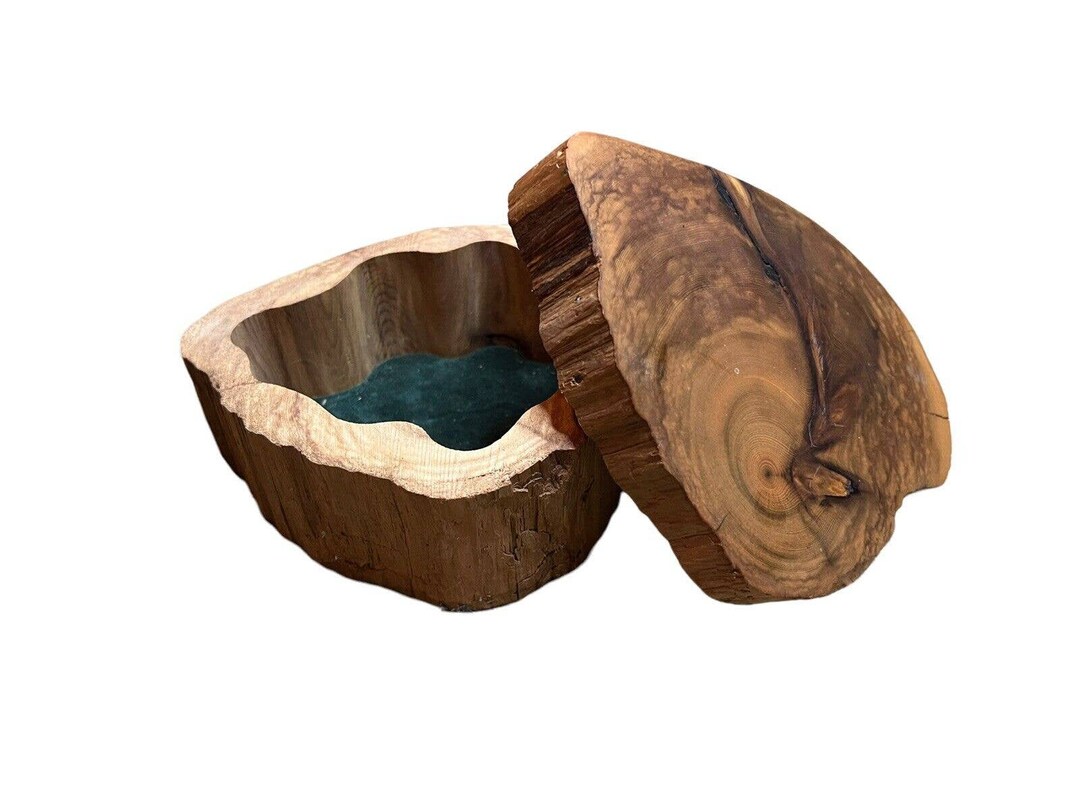Signed Natural Wood Log Box Hand Carved Lined Trinket Jewelry Lid Live ...