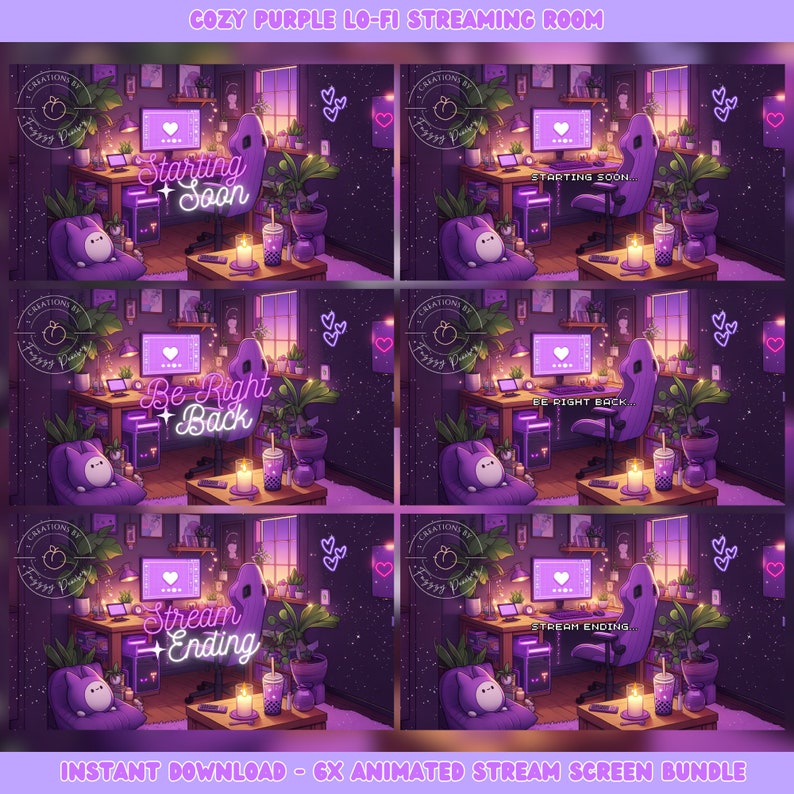 Cozy Purple Lo-fi Gaming Room Animated Stream Screen Package 6x ...