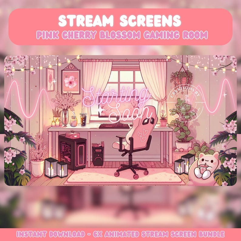 Pink Cherry Blossom Gaming Room Stream Screens | Animated Overlay Pack ...