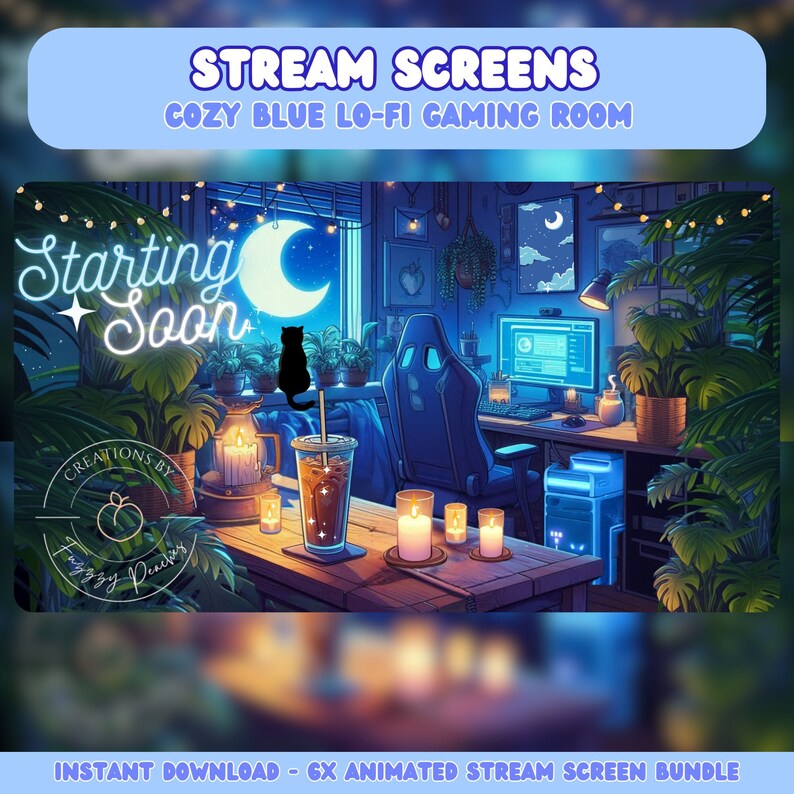 Cozy Blue Lo-fi Gaming Room Animated Stream Screen Package 6x ...