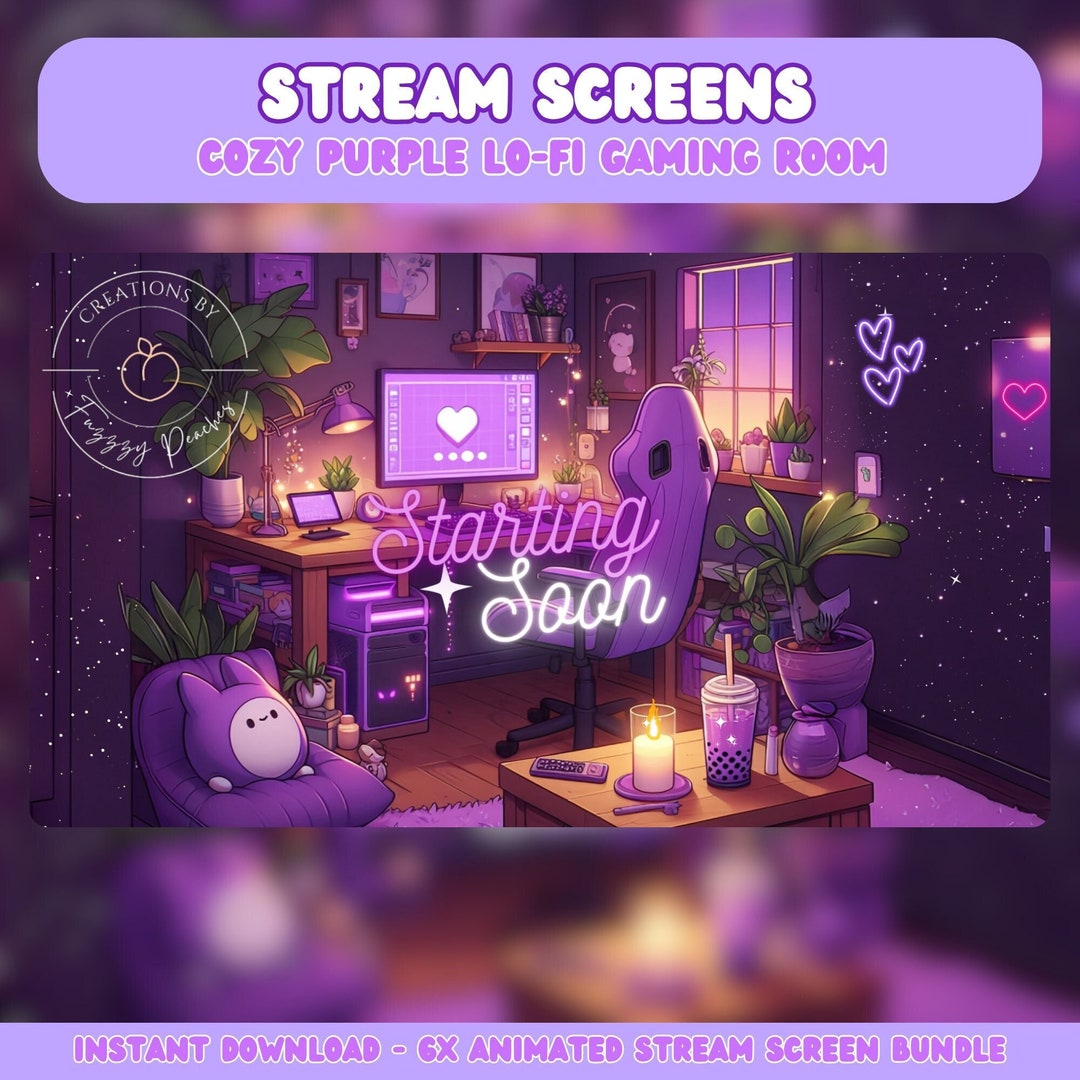 Cozy Purple Lo-fi Gaming Room Animated Stream Screen Package 6x ...