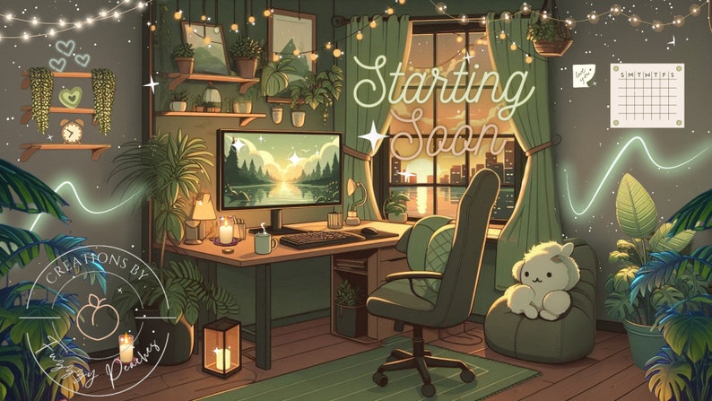 Cozy Sage Green Lo-fi Gaming Room Animated Stream Screen Package 6x ...