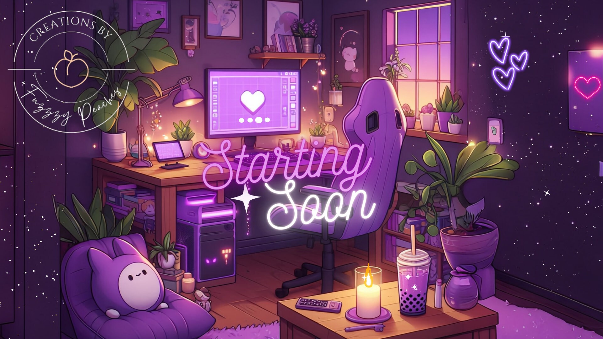 Cozy Purple Lo-fi Gaming Room Animated Stream Screen Package 6x ...