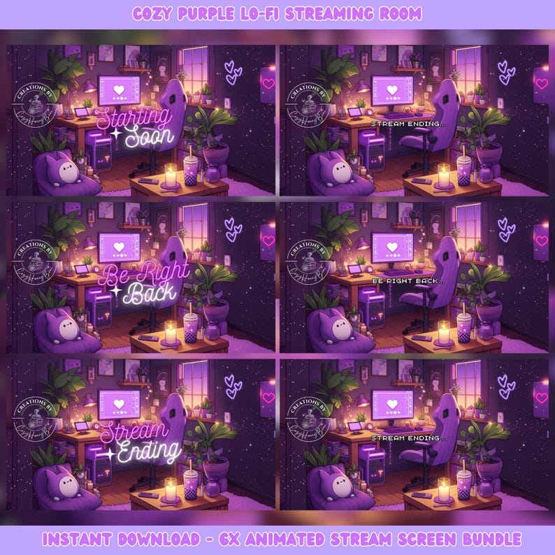 Cozy Purple Lo-fi Gaming Room Animated Stream Screens (6x Overlays ...