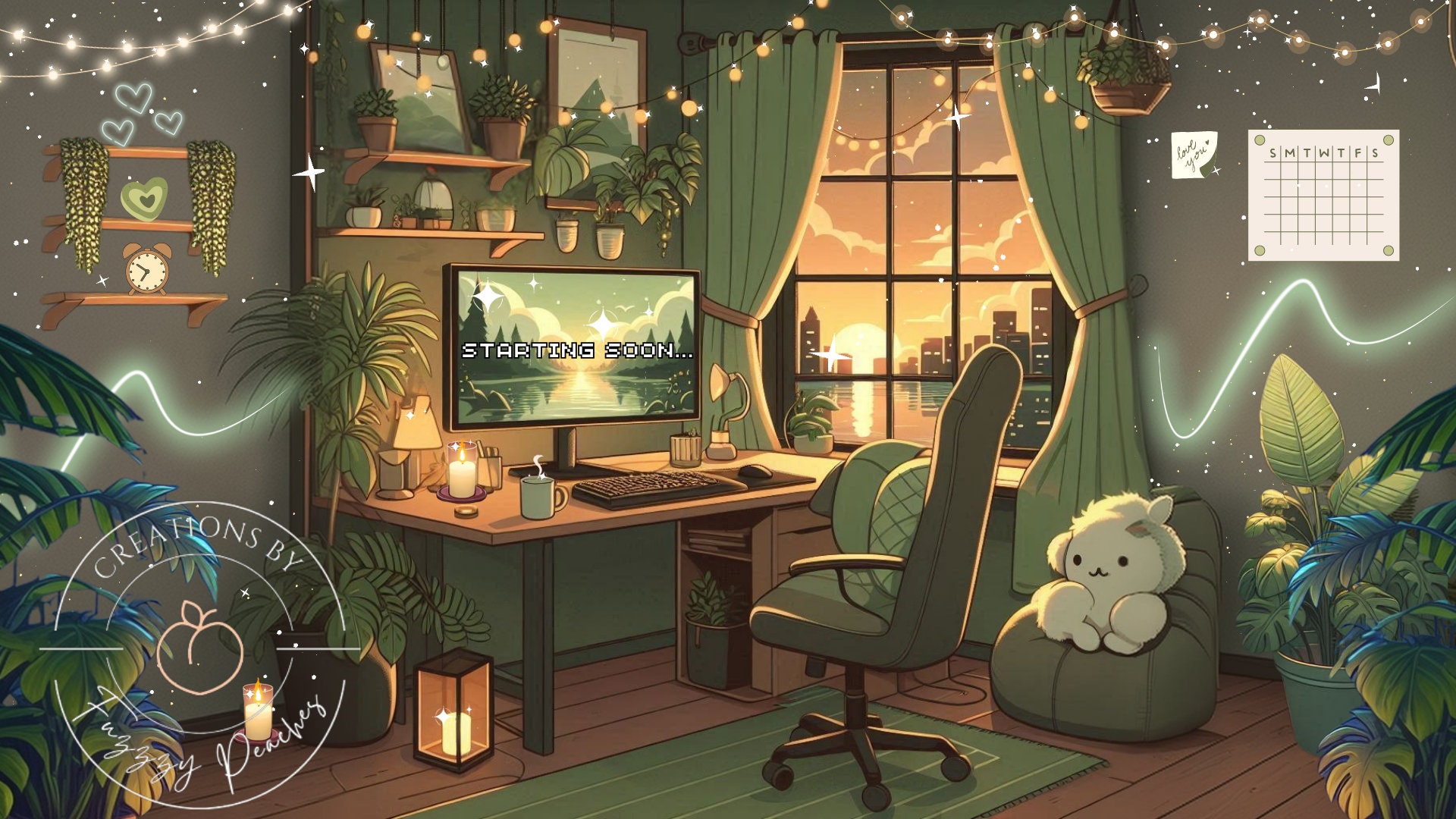 Cozy Sage Green Lo-fi Gaming Room Animated Stream Screen Package 6x ...